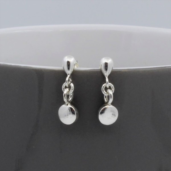 Small Solid Silver Disc Drop Earrings UK